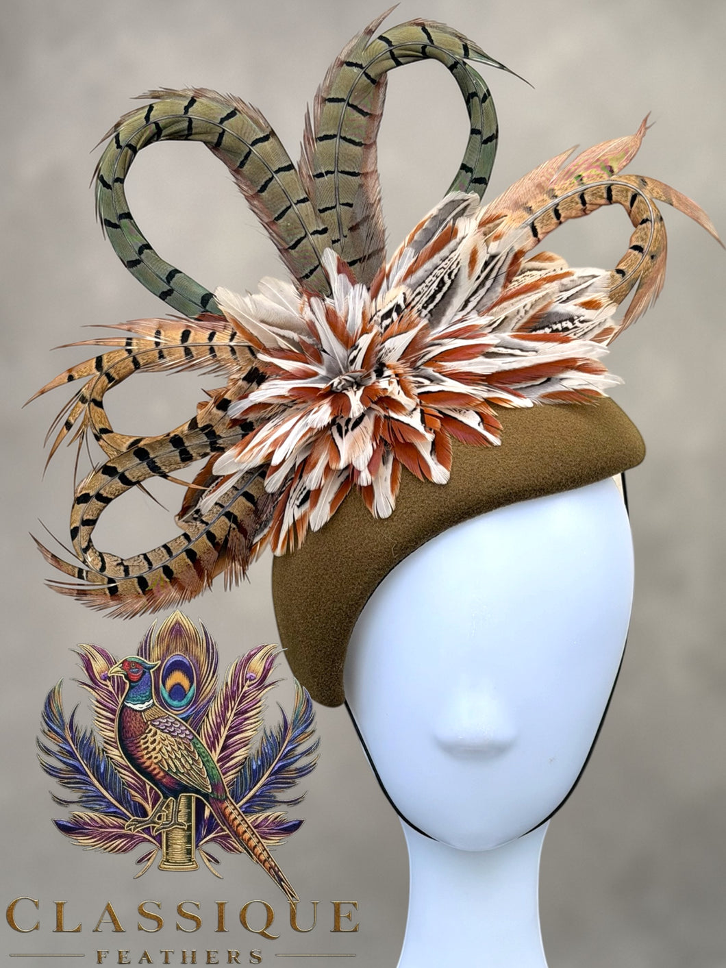 Green Wool Teardrop Fascinator with natural and dyed pheasant feathers ...